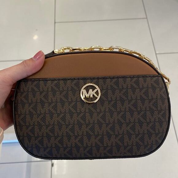 Michael Kors | Bags | Michael Kors Jet Set Glam Sm Oval Crossbody Brown ...